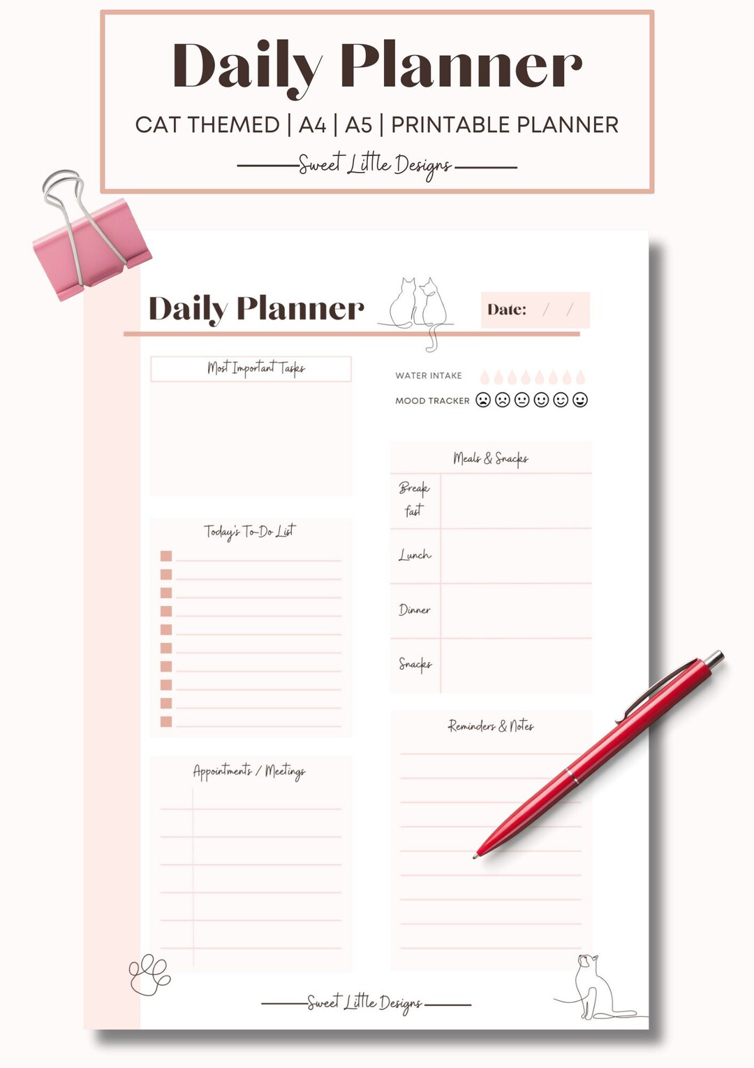 Daily Printable Planner Cat Themed Printable Meal Tracker Mood Tracker ...