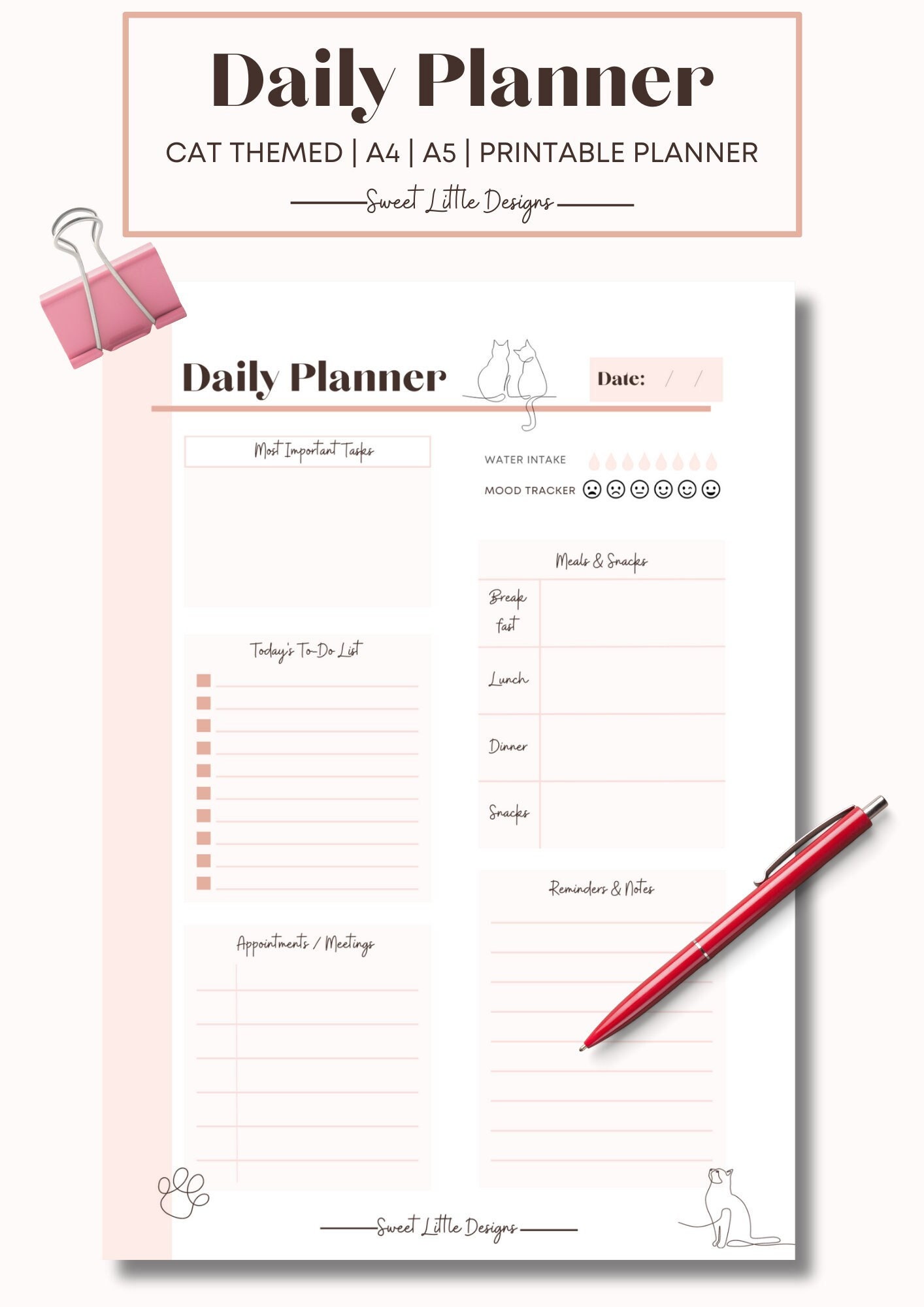 Daily Printable Planner Cat Themed Printable Meal Tracker Mood Tracker ...