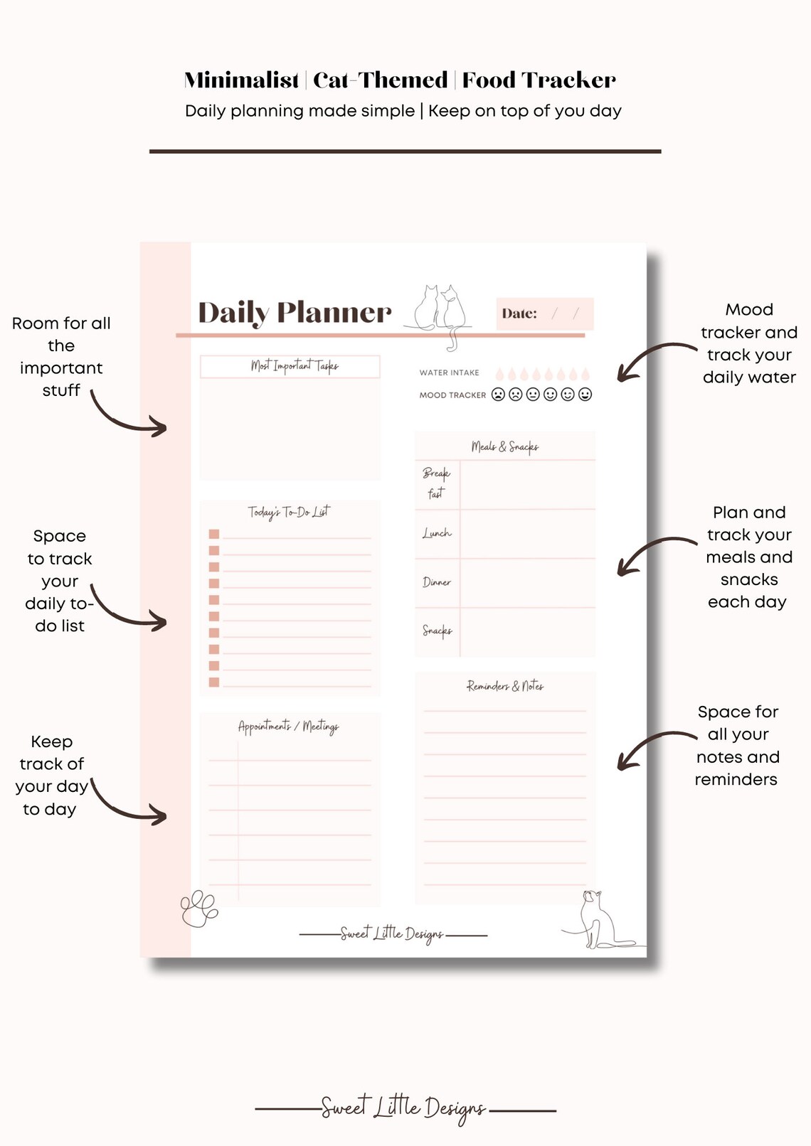 Daily Printable Planner Cat Themed Printable Meal Tracker Mood Tracker ...