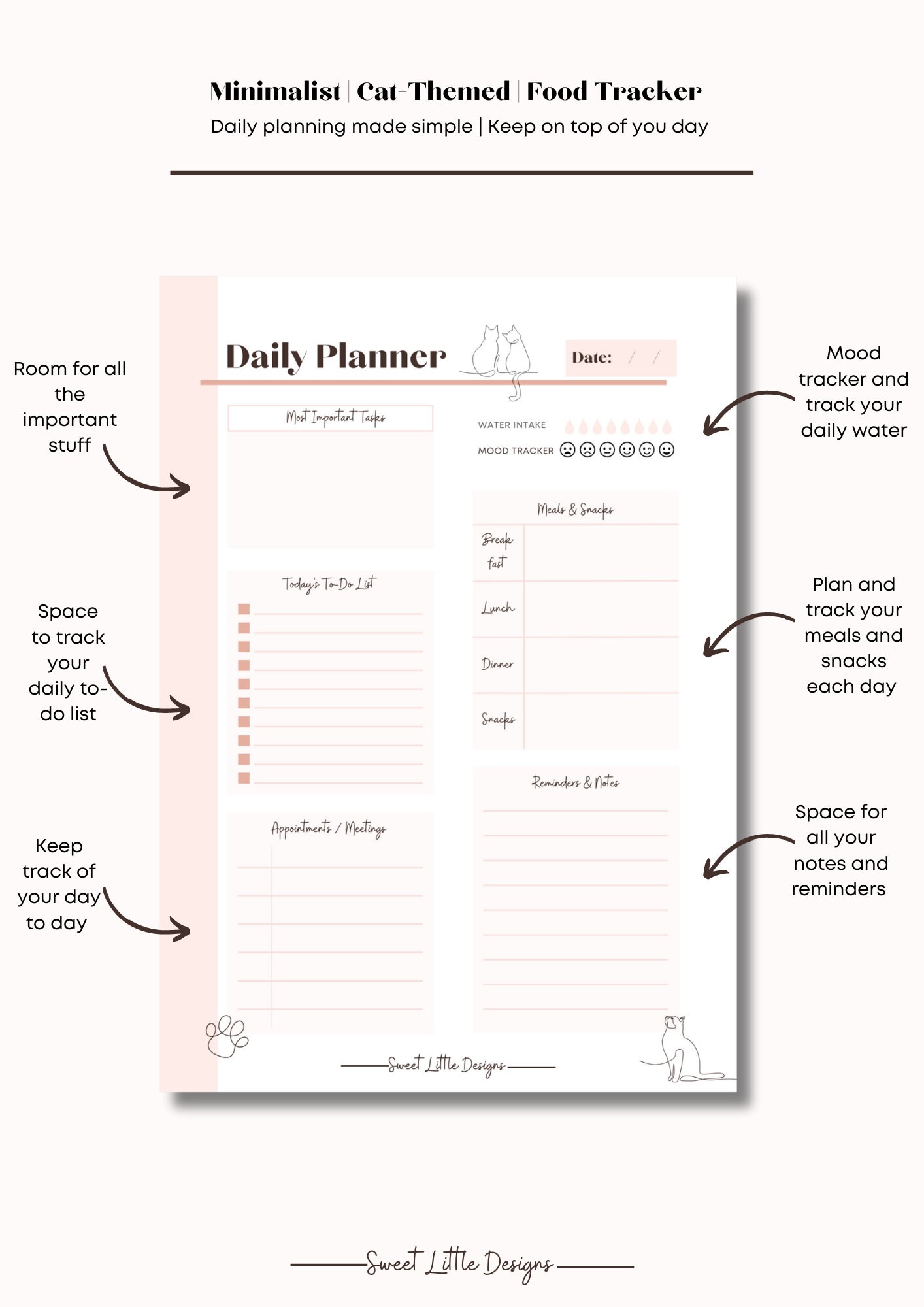 Daily Printable Planner Cat Themed Printable Meal Tracker Mood Tracker ...