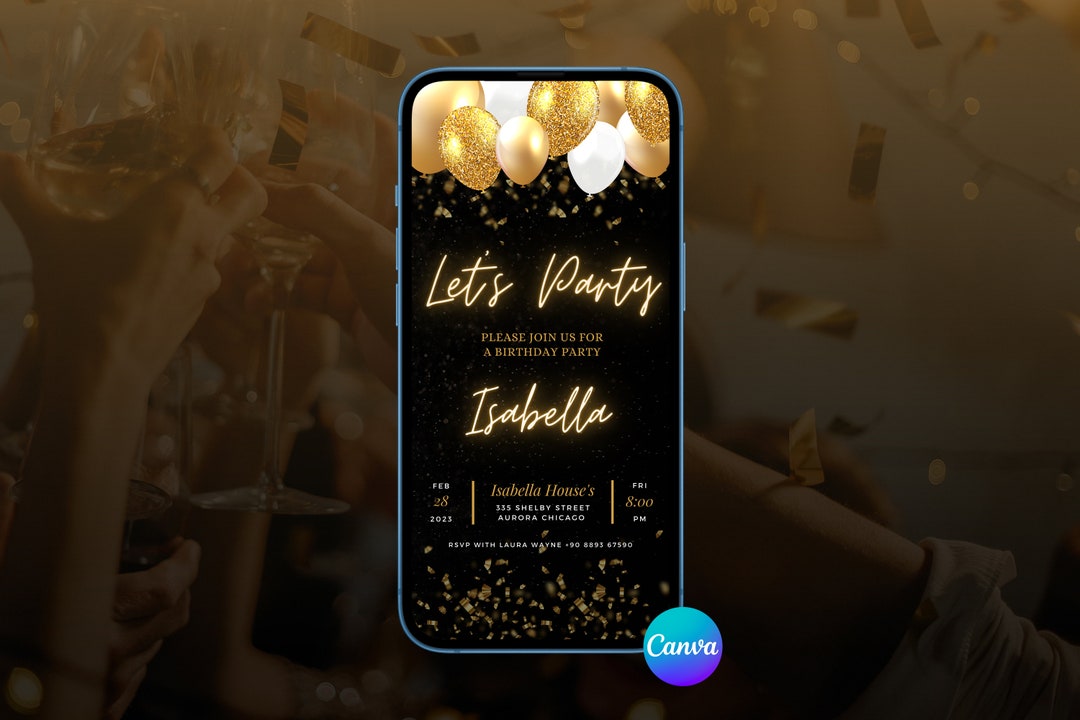 Digital Birthday Invitation Template, Electronic Invite, Neon Text ...