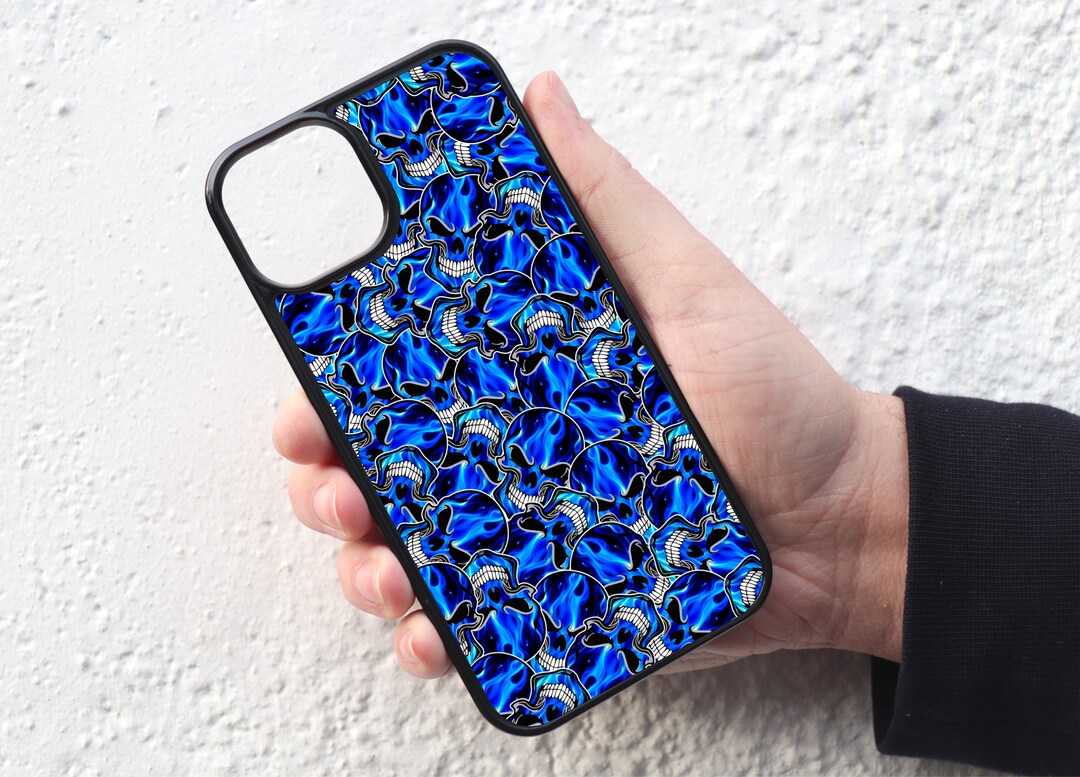 Gothic Skull & Blue Flames Sticker Bomb Phone Case Cover Fits iPhone ...