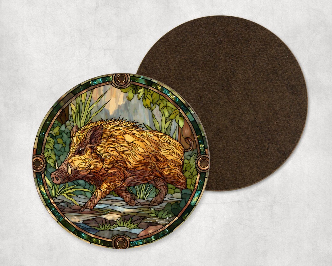 Wild Boar Jungle Animal Stained Glass Style Round Coaster – Colourful ...
