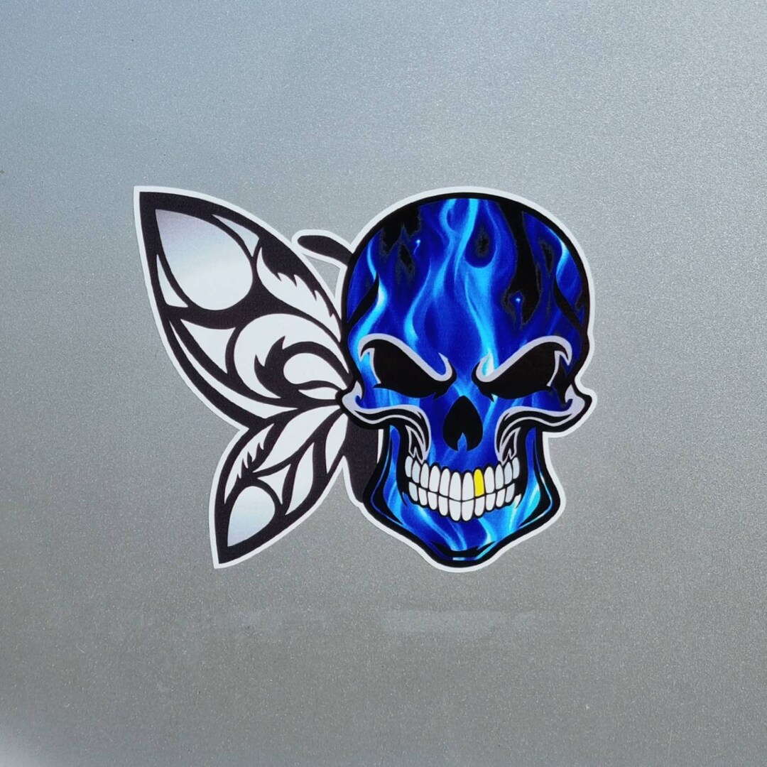 Cool Blue Fire Flames Effect Butterfly Skull Vinyl Sticker - Etsy