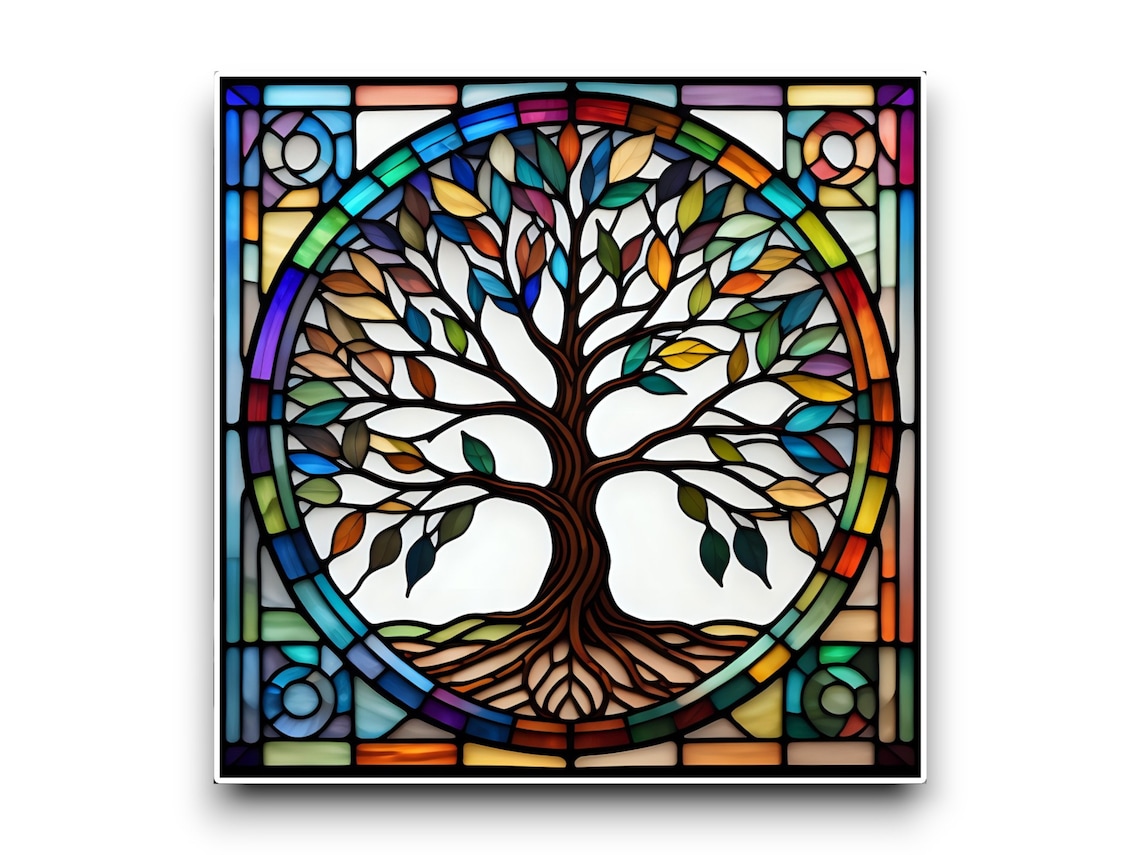 Tree of Life Stained Glass Square Window Effect Vibrant Vinyl Sticker ...