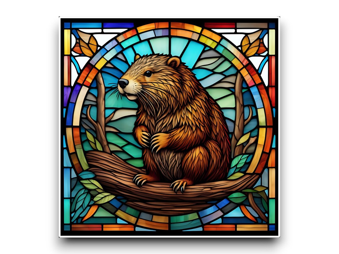 Cute Beaver Animal Stained Glass Square Window Effect Vibrant Vinyl ...