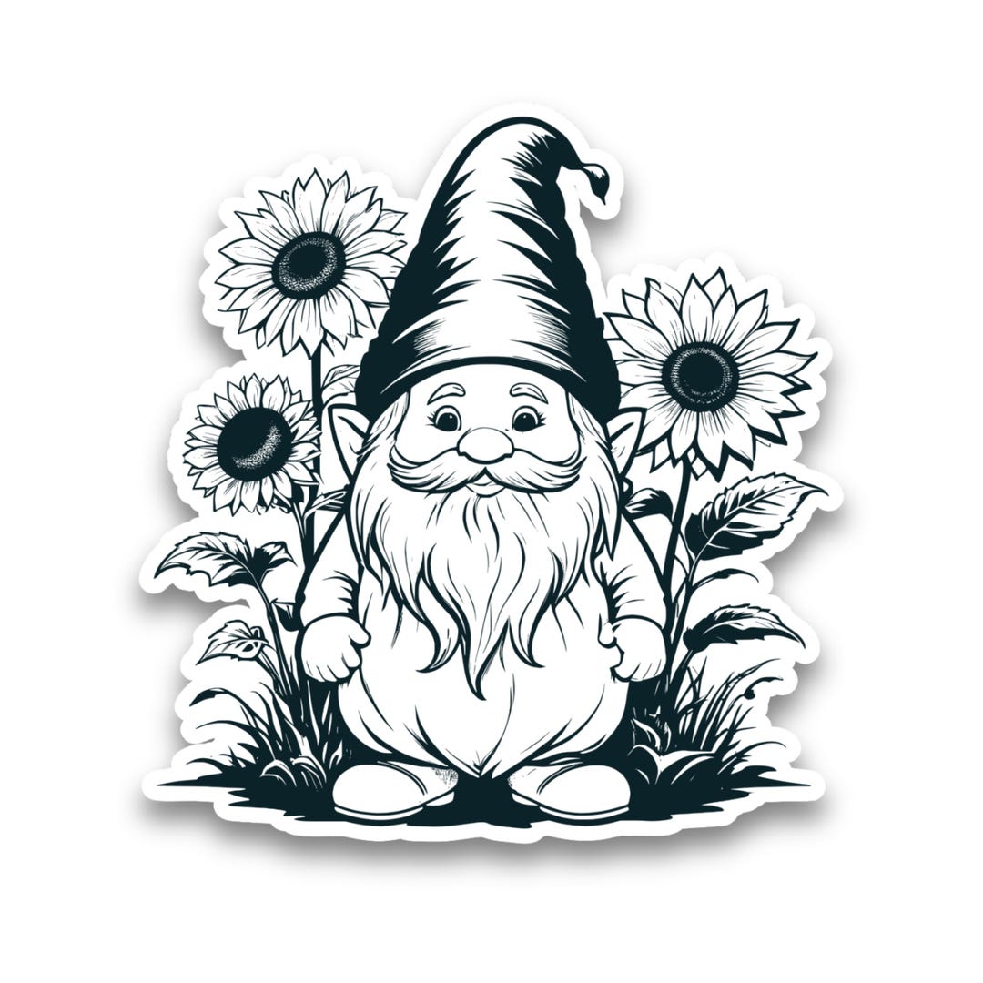 B&W Sunflower Garden Gnome Sticker Decal Car Window Scrapbook Laptop ...