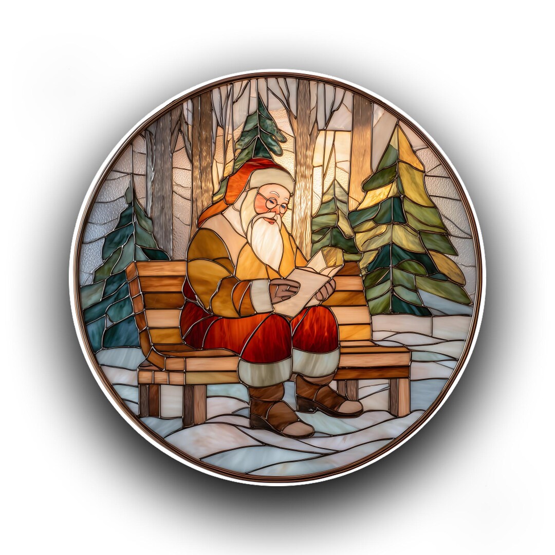 Santa Claus Reading Letter Stained Glass Stained Glass Round Window ...