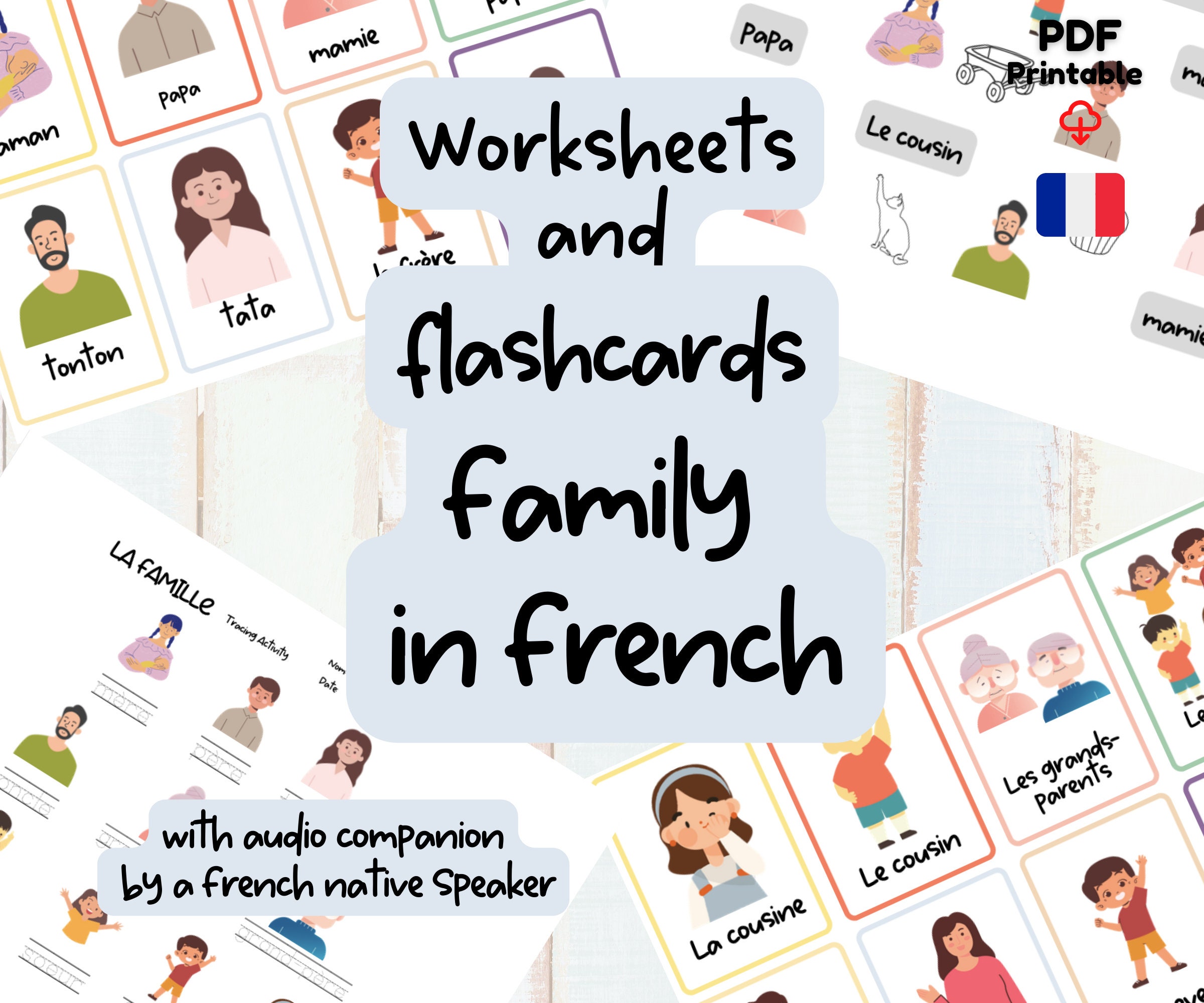 Family French Flashcards Materials Printable French Worksheets Three ...