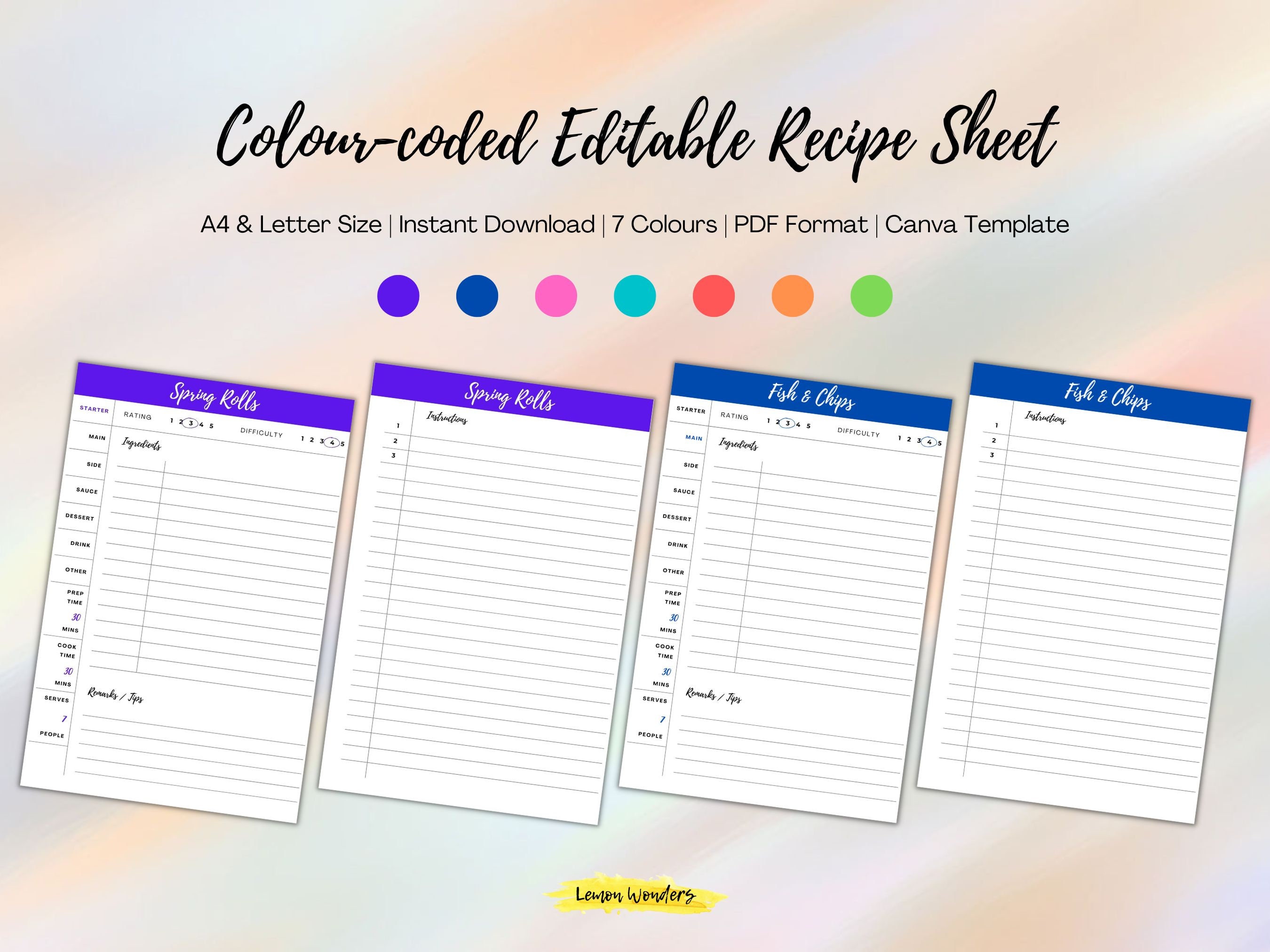 Colour-coded Editable Recipe Template Printable Recipe Sheet - Etsy