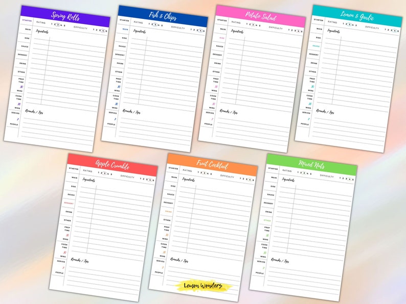 Colour-coded Editable Recipe Template Printable Recipe Sheet - Etsy