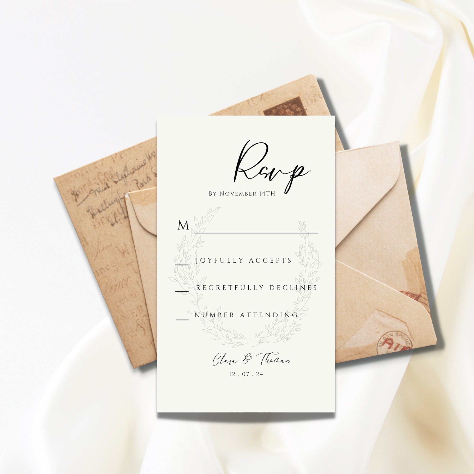 Editable Wedding RSVP Kindly Reply Card Template, Vintage Cream, Leafy ...