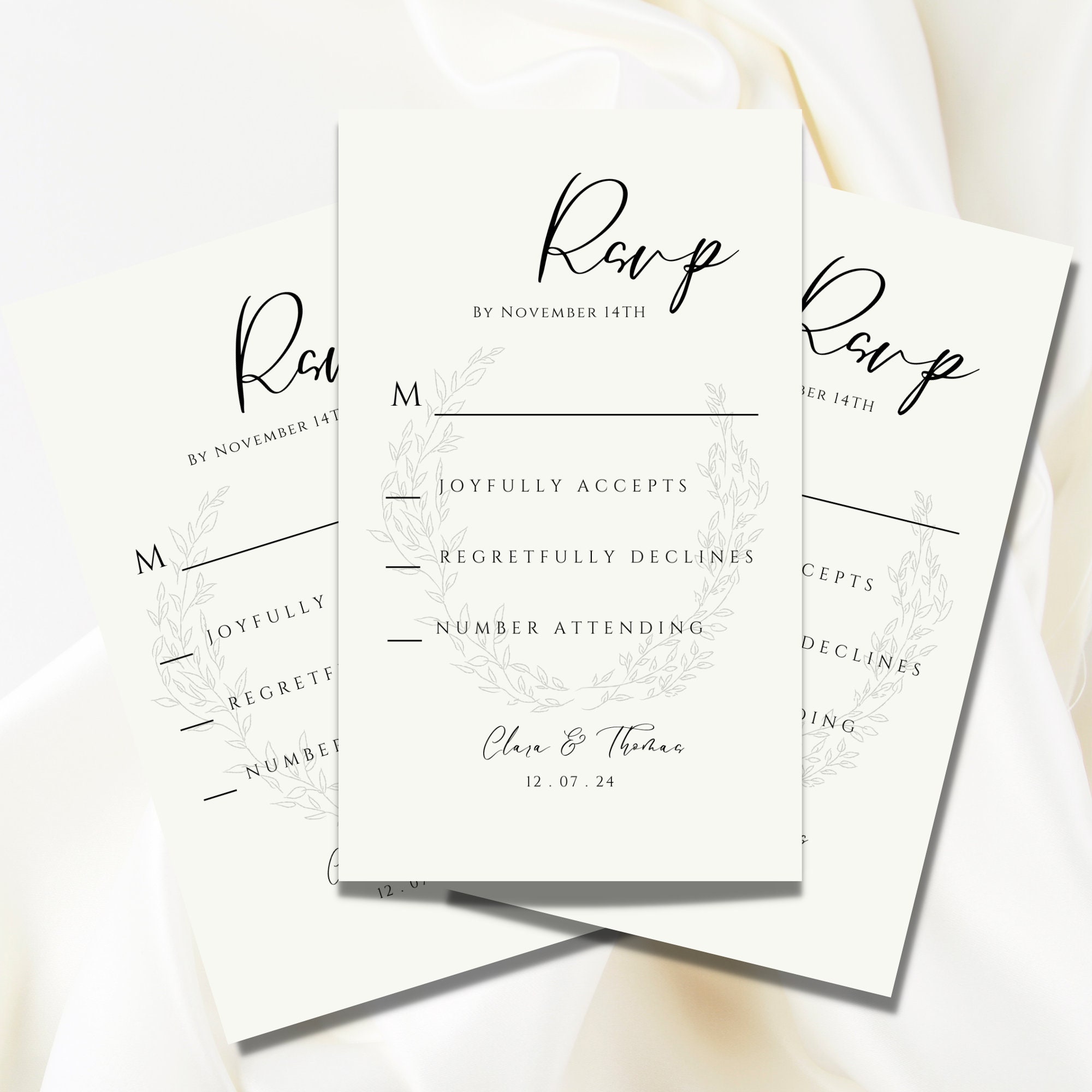 Editable Wedding RSVP Kindly Reply Card Template, Vintage Cream, Leafy Crest Monogram, Modern ...