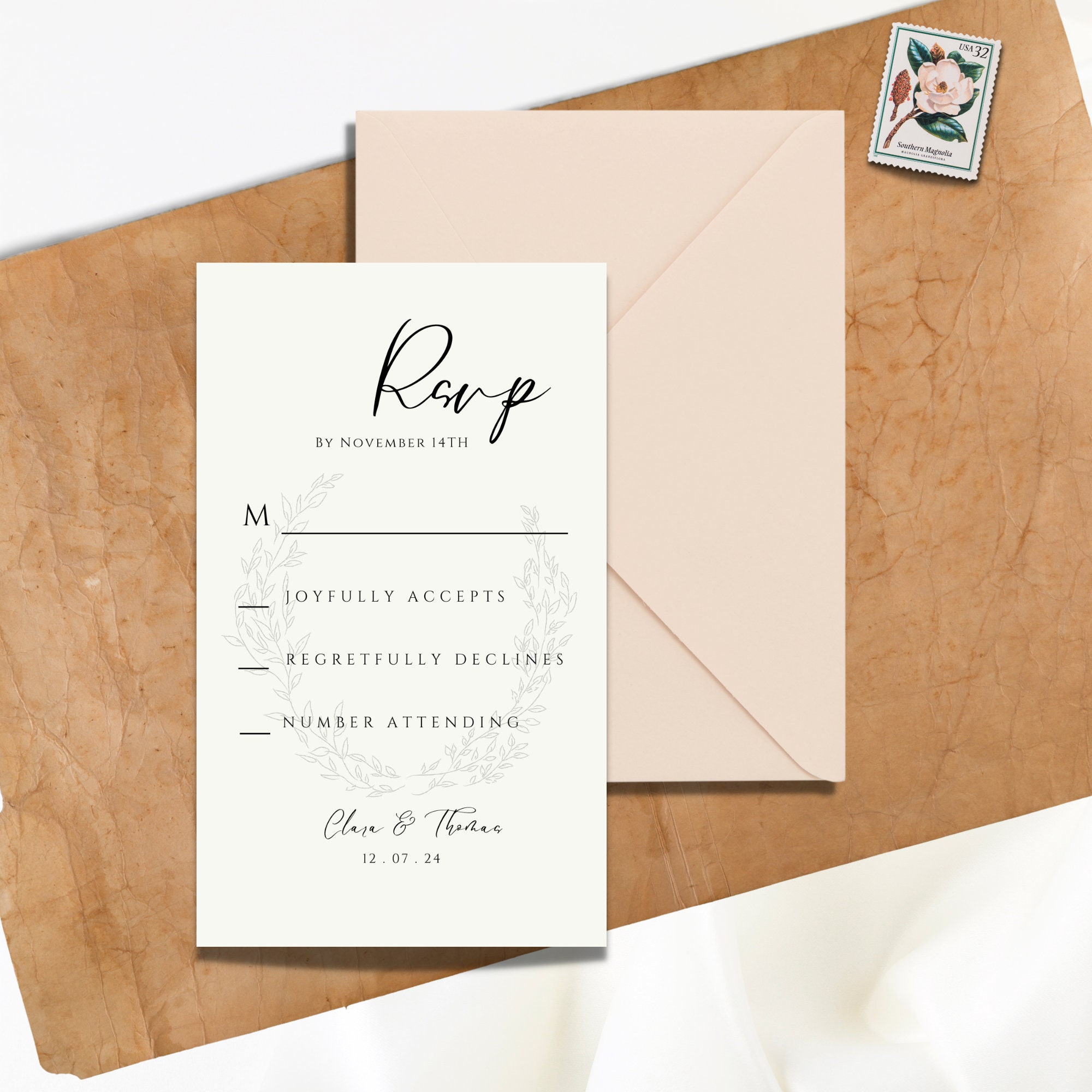 Editable Wedding RSVP Kindly Reply Card Template, Vintage Cream, Leafy ...