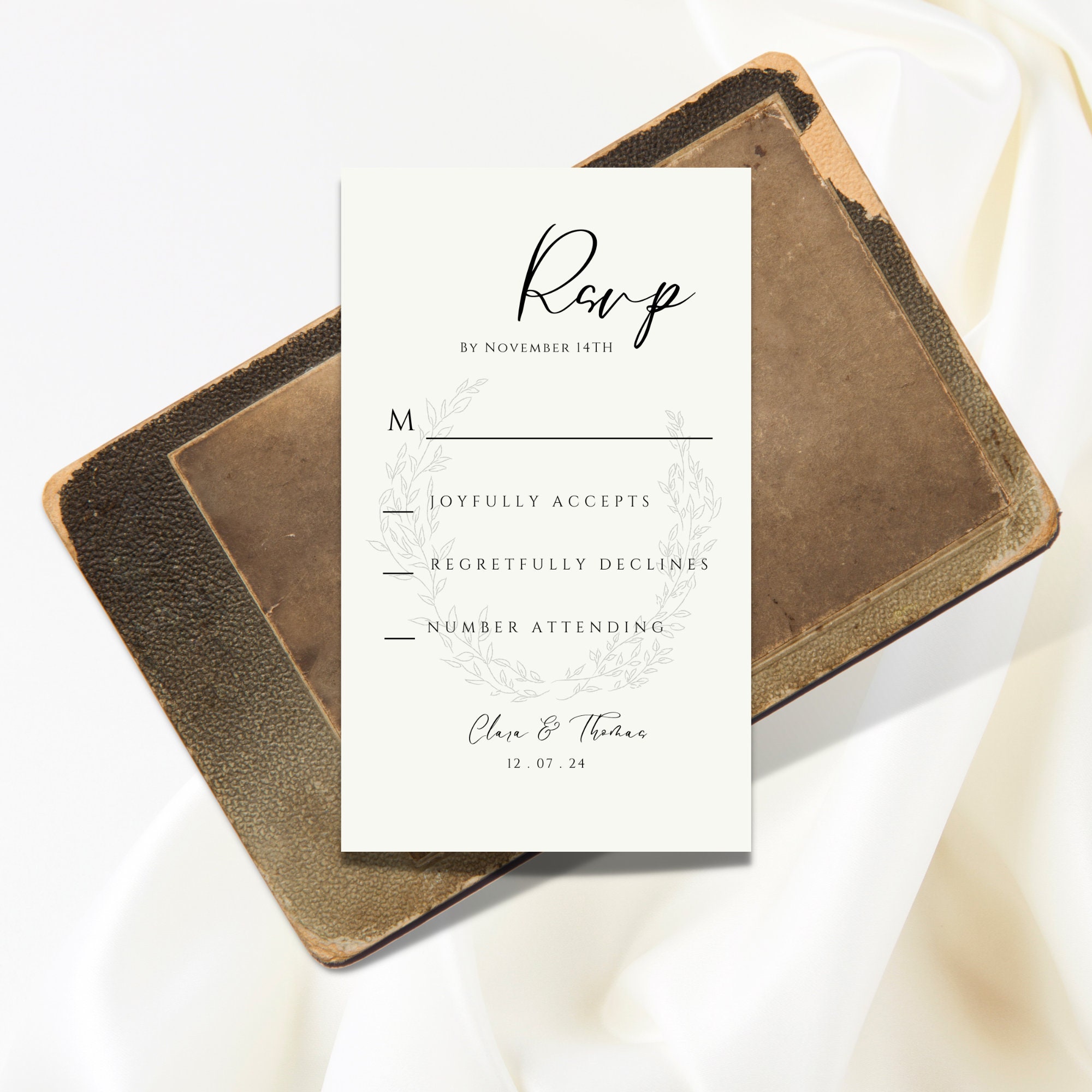 Editable Wedding RSVP Kindly Reply Card Template, Vintage Cream, Leafy ...