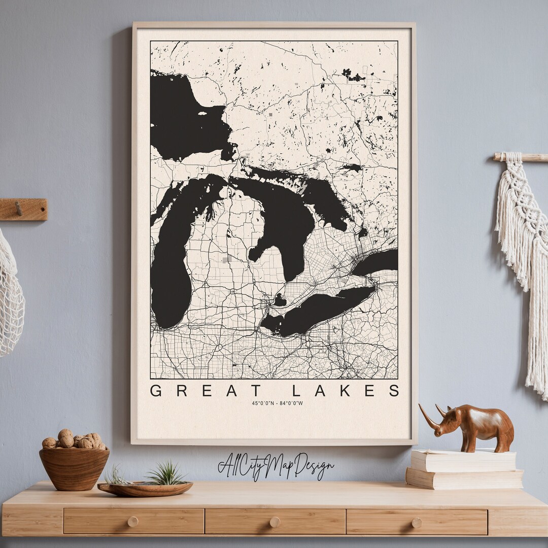 Great Lakes Poster Map, City Travel Print, Poster Print, Print Black ...