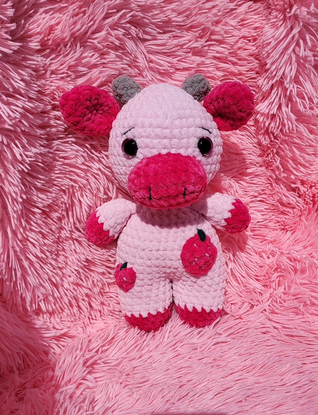 Crocheted Strawberry Cow, Stuffed Animal, Crochet Amigurumi, Handmade ...