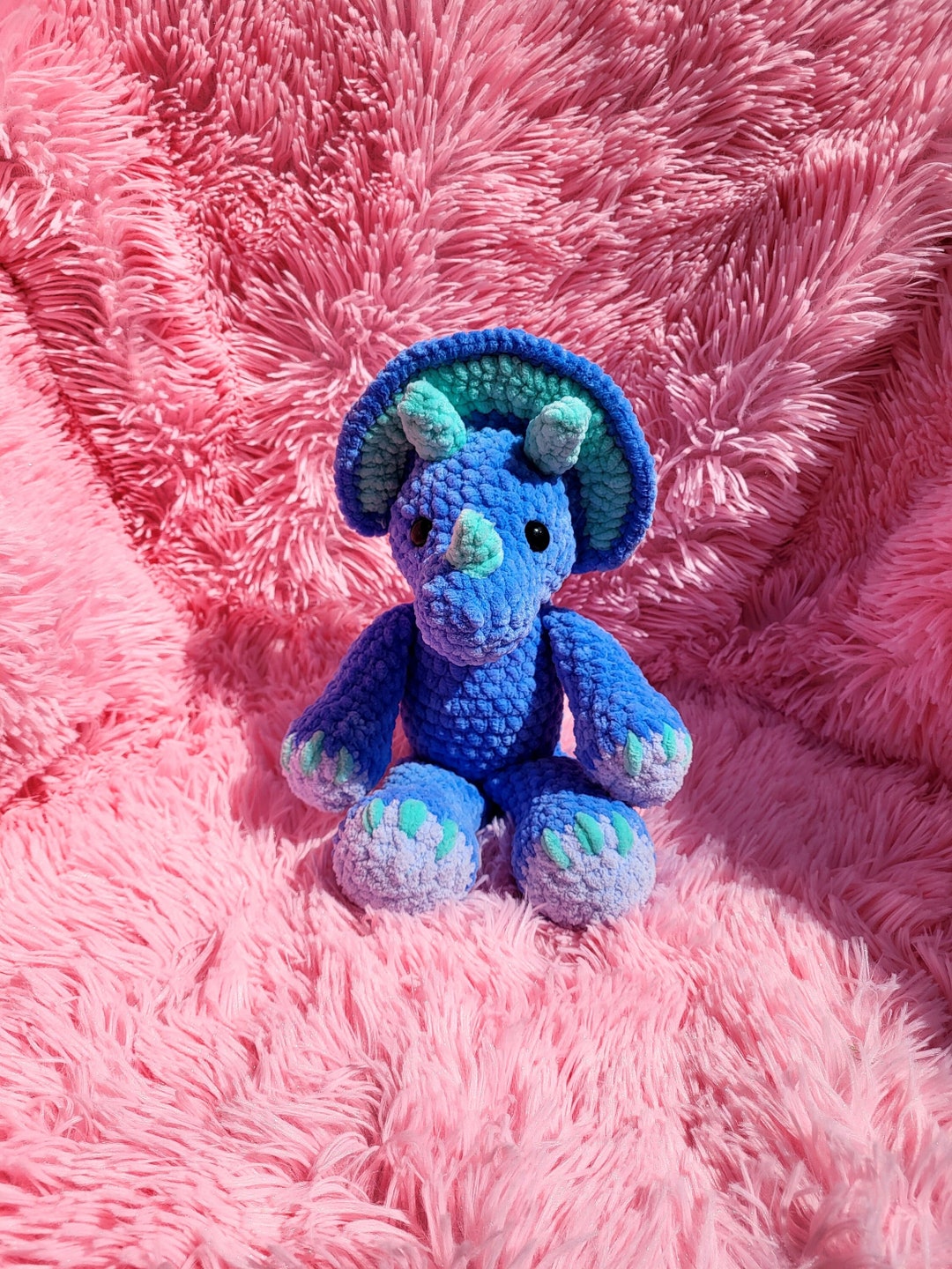 Crocheted Blue Triceratops, Soft Stuffed Animal Dinosaur, Cuddly ...