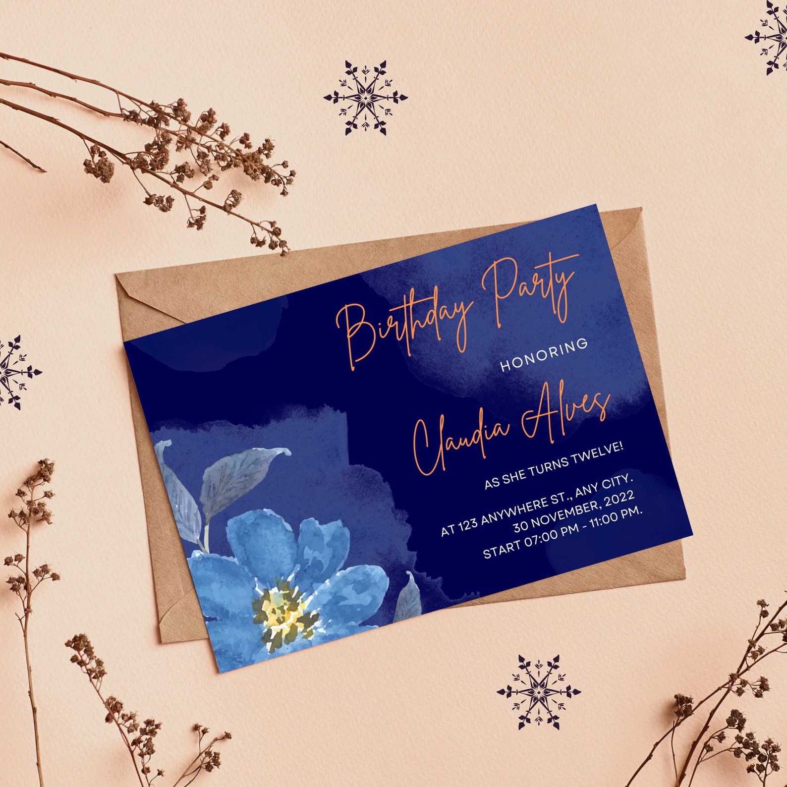 Blue and Pastel Watercolor Birthday Party Card Editable Birthday Card ...
