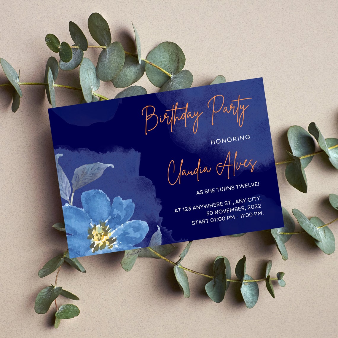 Blue and Pastel Watercolor Birthday Party Card Editable Birthday Card ...