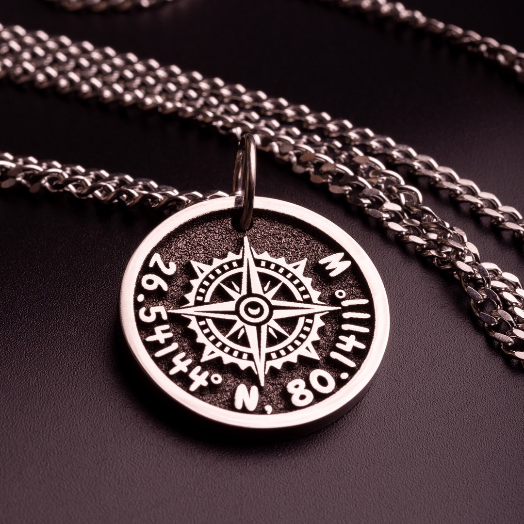 Mens Compass Necklace Personalize Coordinate Pendant With Your ...