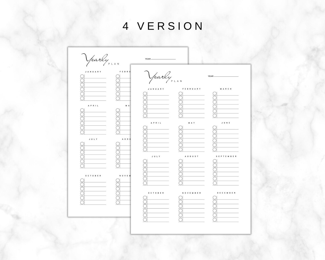 Printable Yearly Planner on One Page, Year at a Glance, Yearly Overview ...