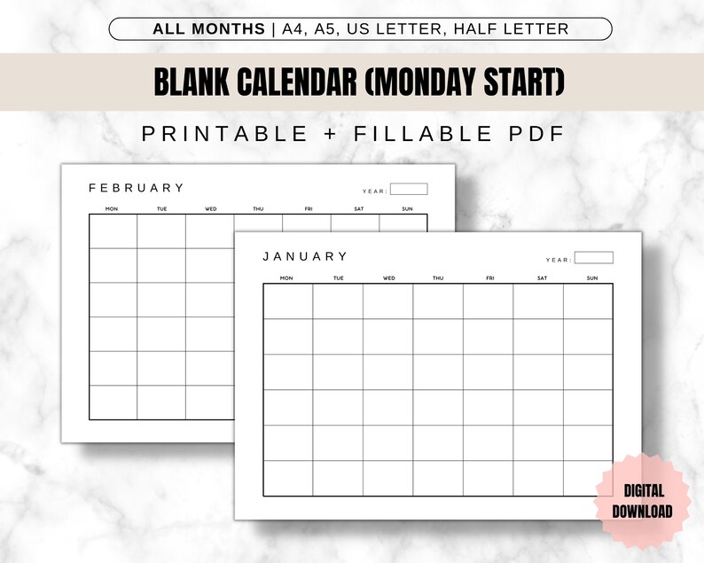 2023 Monthly Calendar Printable Pdf Printable Calendar - Etsy