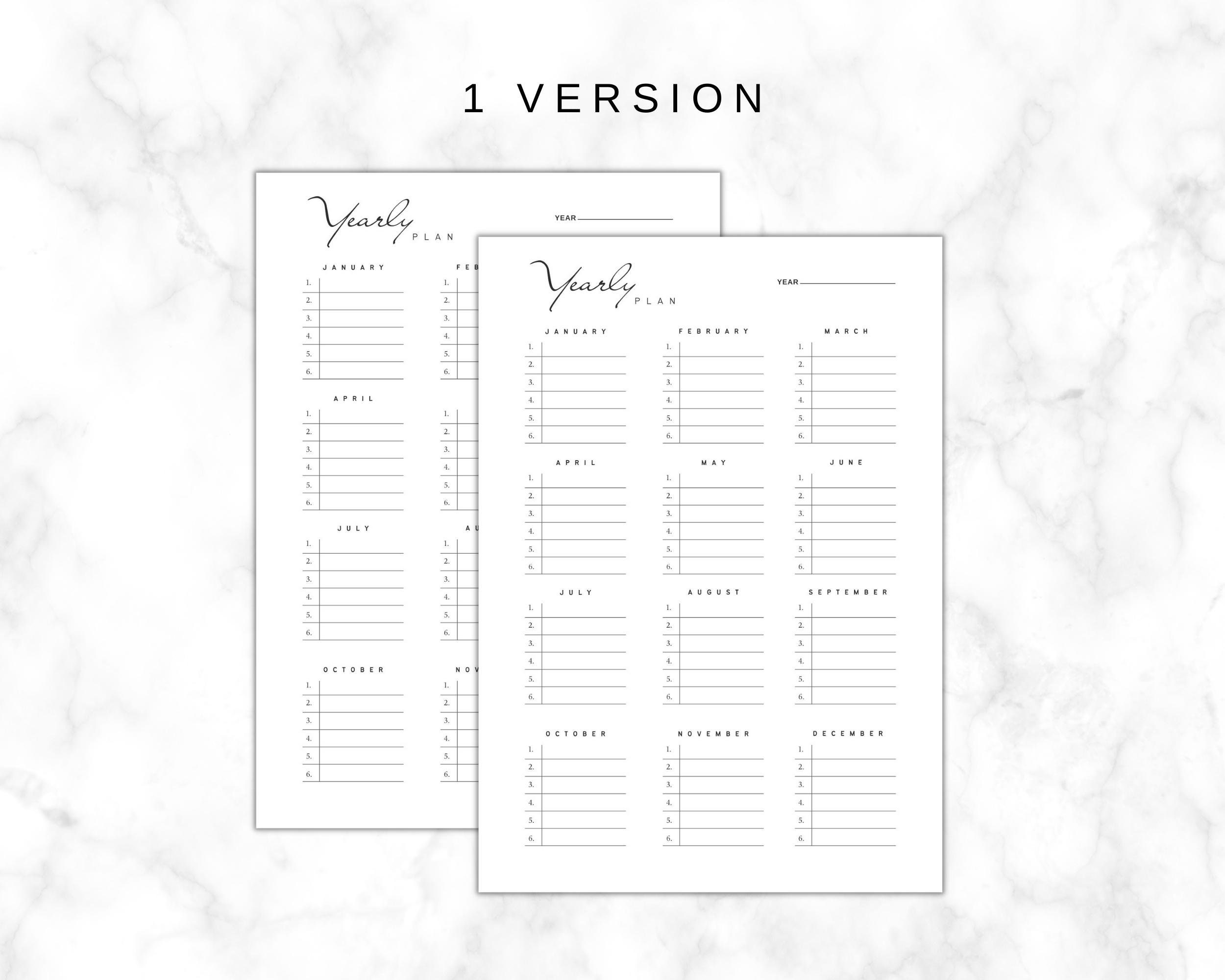 Printable Yearly Planner on One Page, Year at a Glance, Yearly Overview ...