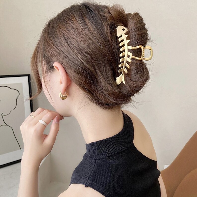 Unique Design Fishbone Large Golden Claw Hair Clip - Etsy