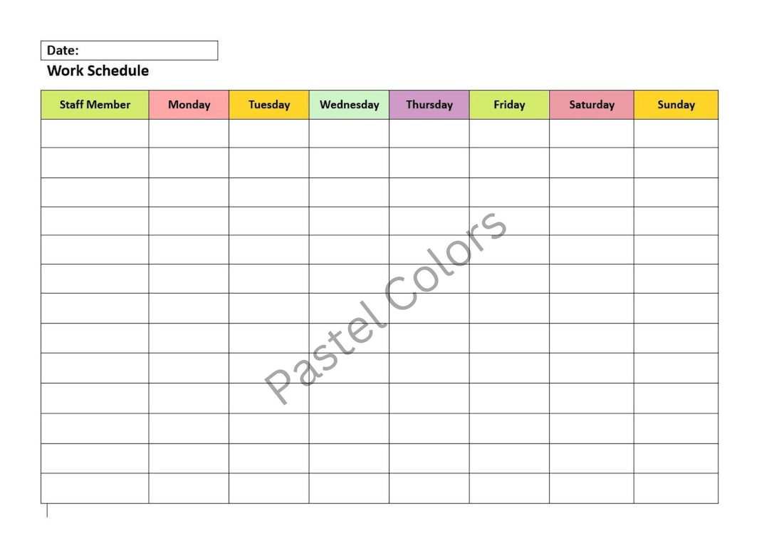 Staff Weekly Work Schedule, Editable and Printable. Pastel Colours - Etsy