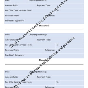Childcare Receipt Form, Daycare Receipt Template. Printable/editable ...