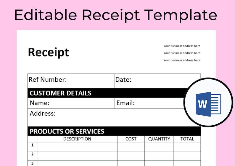 Printable Receipt Template, Editable Receipt Template - Etsy