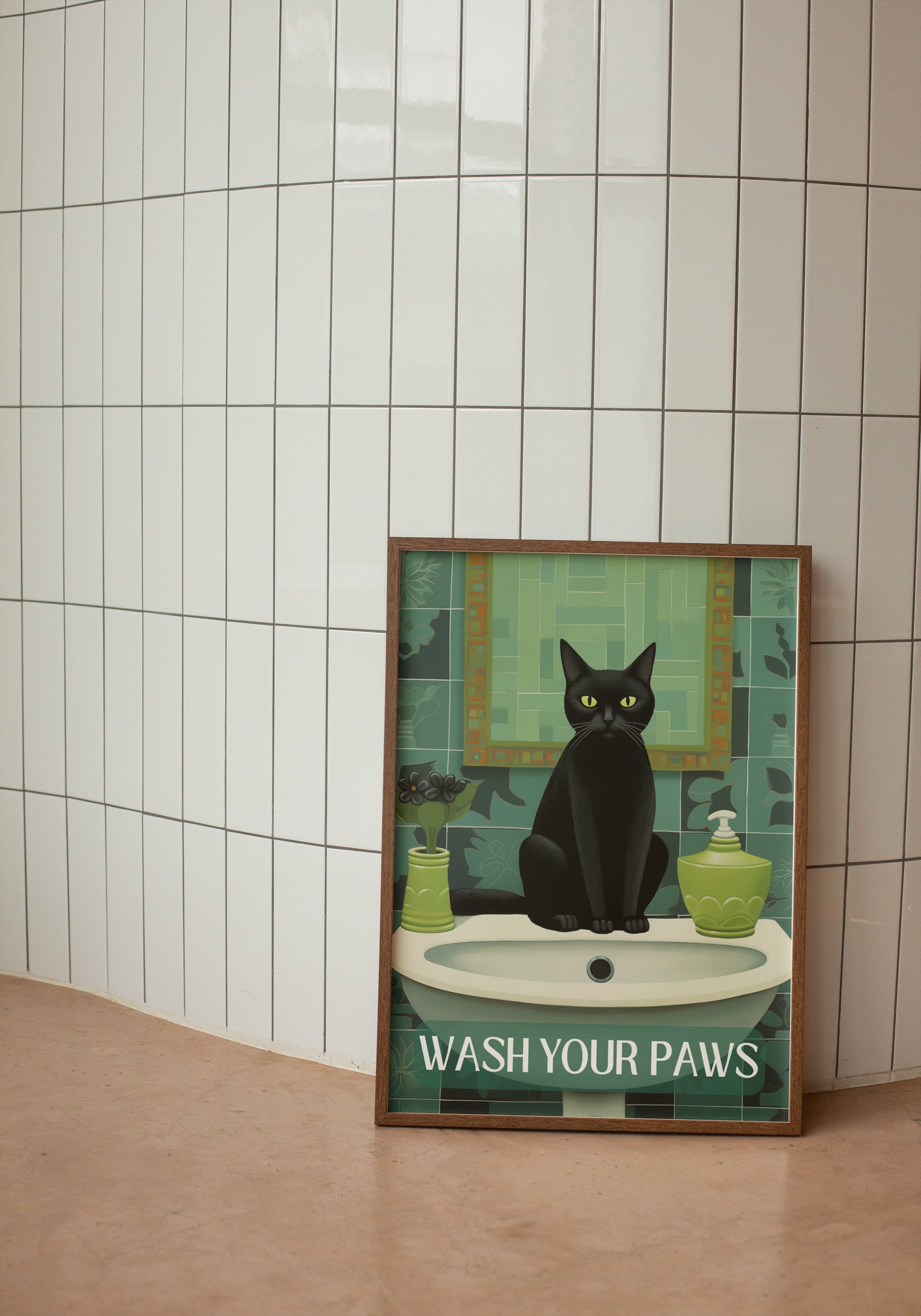 Black Cat, Wash Your Paws Poster, Retro Bathroom Print, Bathroom ...