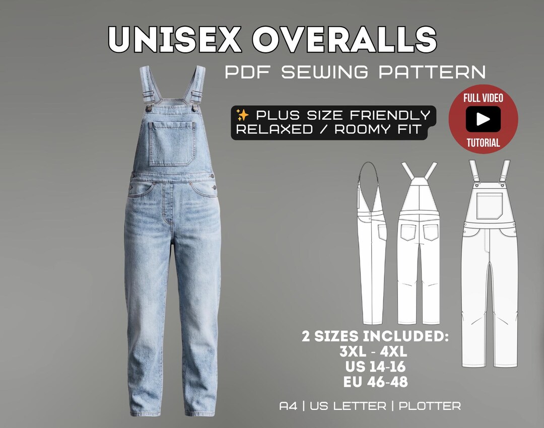 Unisex Curvy Overalls PDF Sewing Pattern, Relaxed Fit (3XL-4XL), Video ...