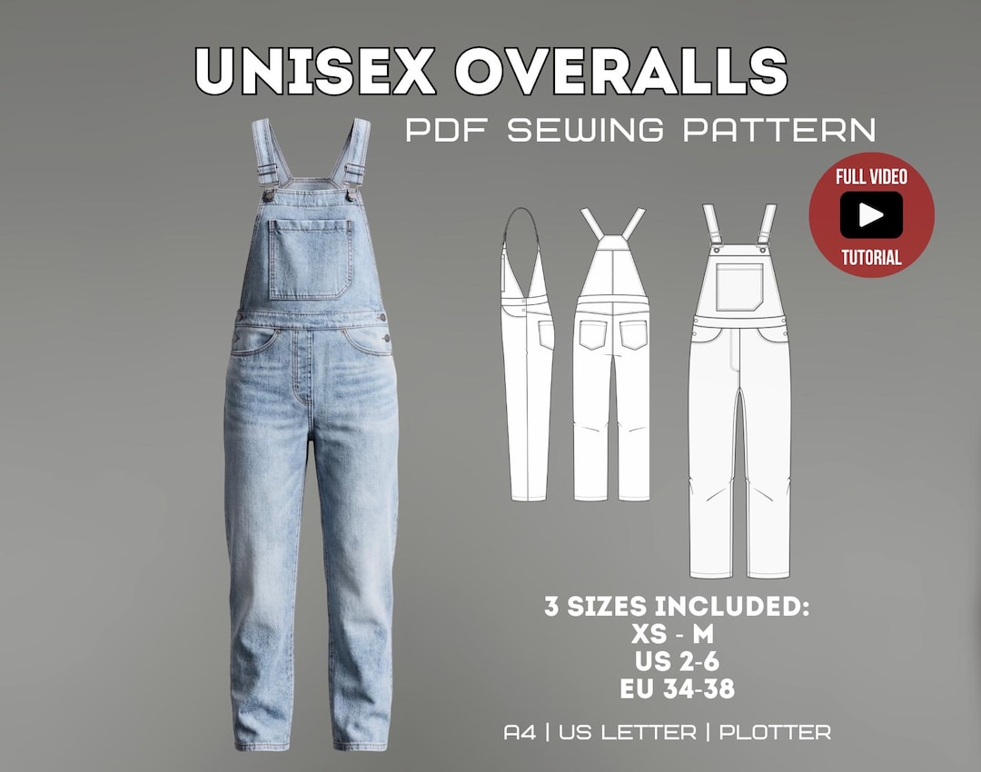 Unisex Overalls Sewing Pattern, Relaxed Fit Dungarees, Video Tutorial ...