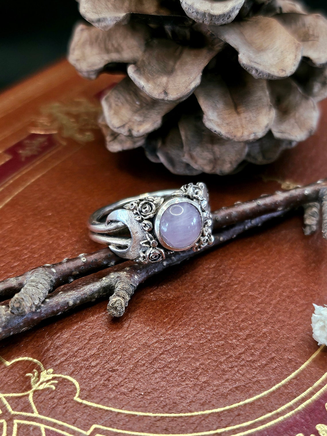 Moon Phases Amethyst Ring With Sculpted Sterling Silver Roses, Natural ...