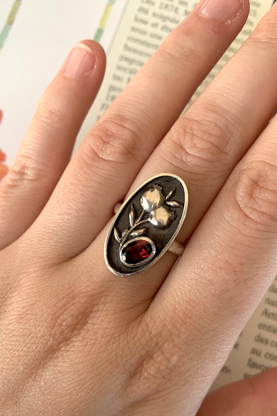 Hand-carved Pomegranate Ring With Garnet, Art Nouveau, Botanical ...