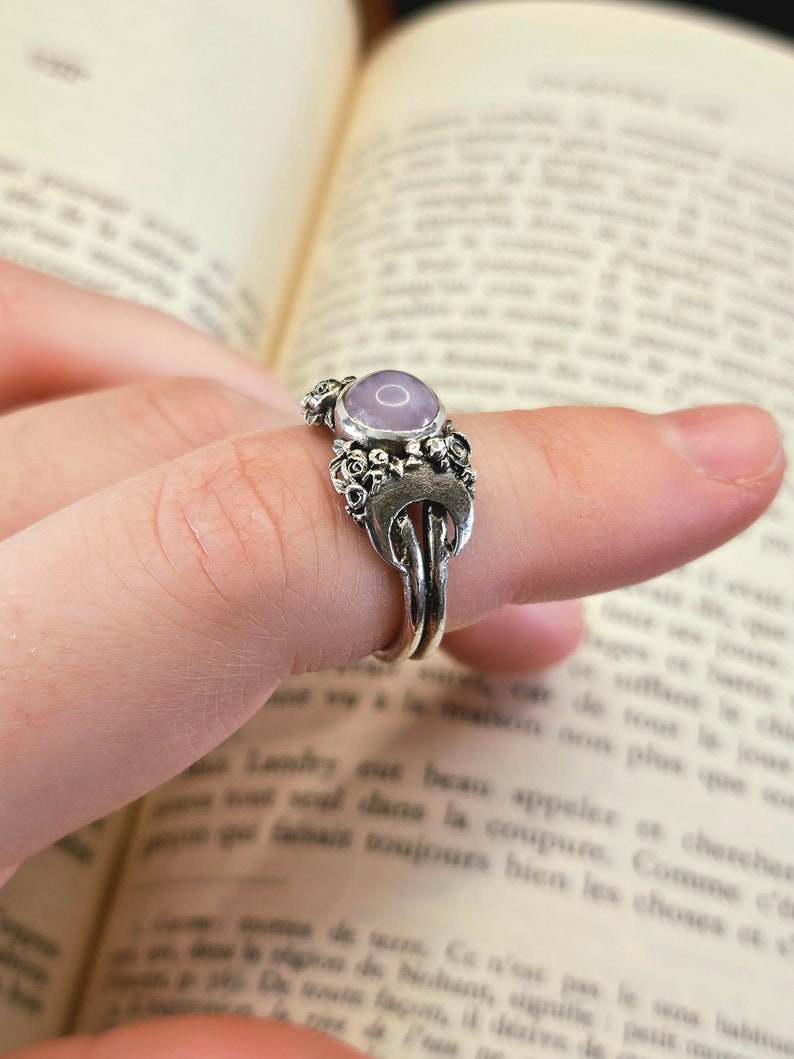 Moon Phases Amethyst Ring With Sculpted Sterling Silver Roses, Natural ...