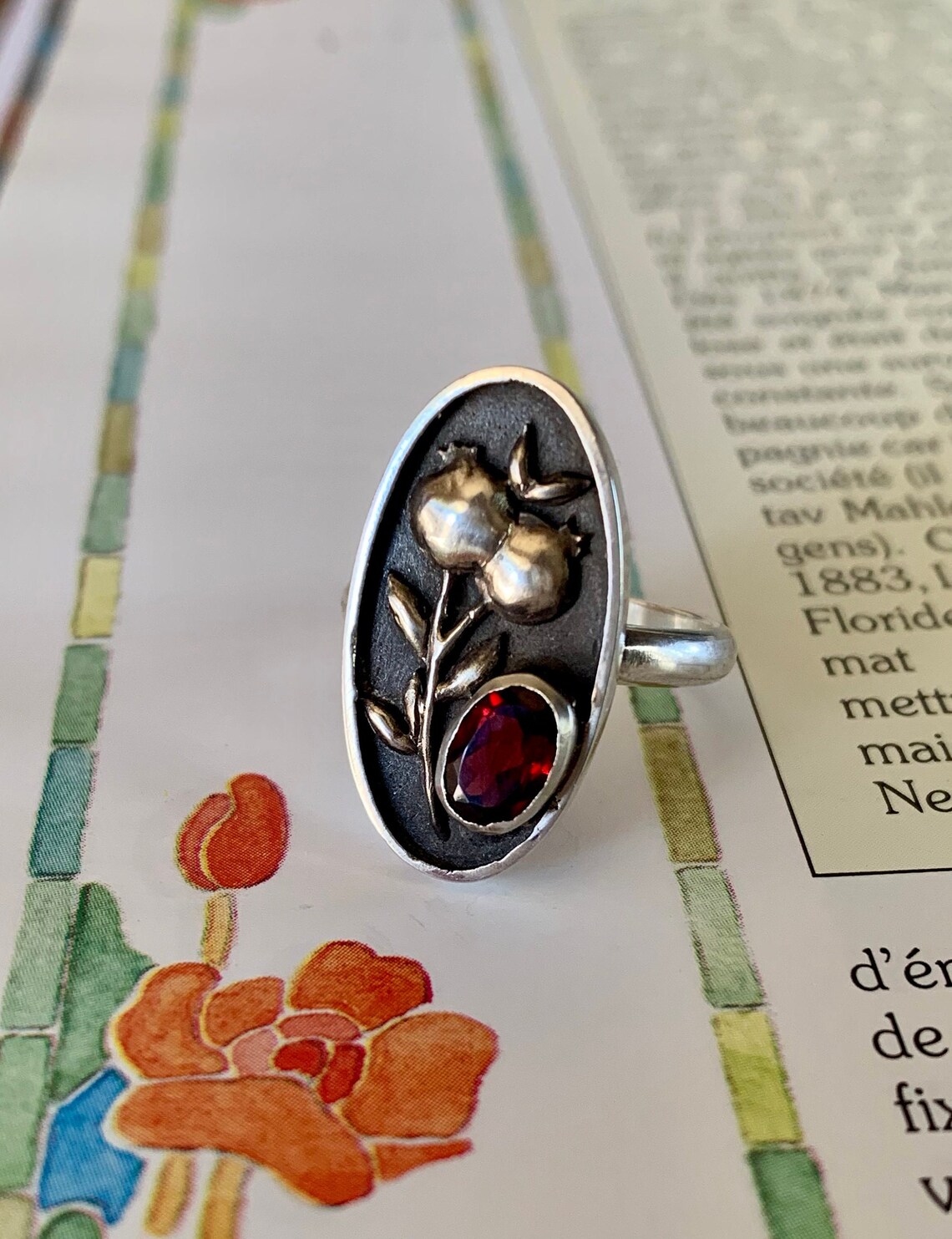 Hand-carved Pomegranate Ring With Garnet, Art Nouveau, Botanical ...