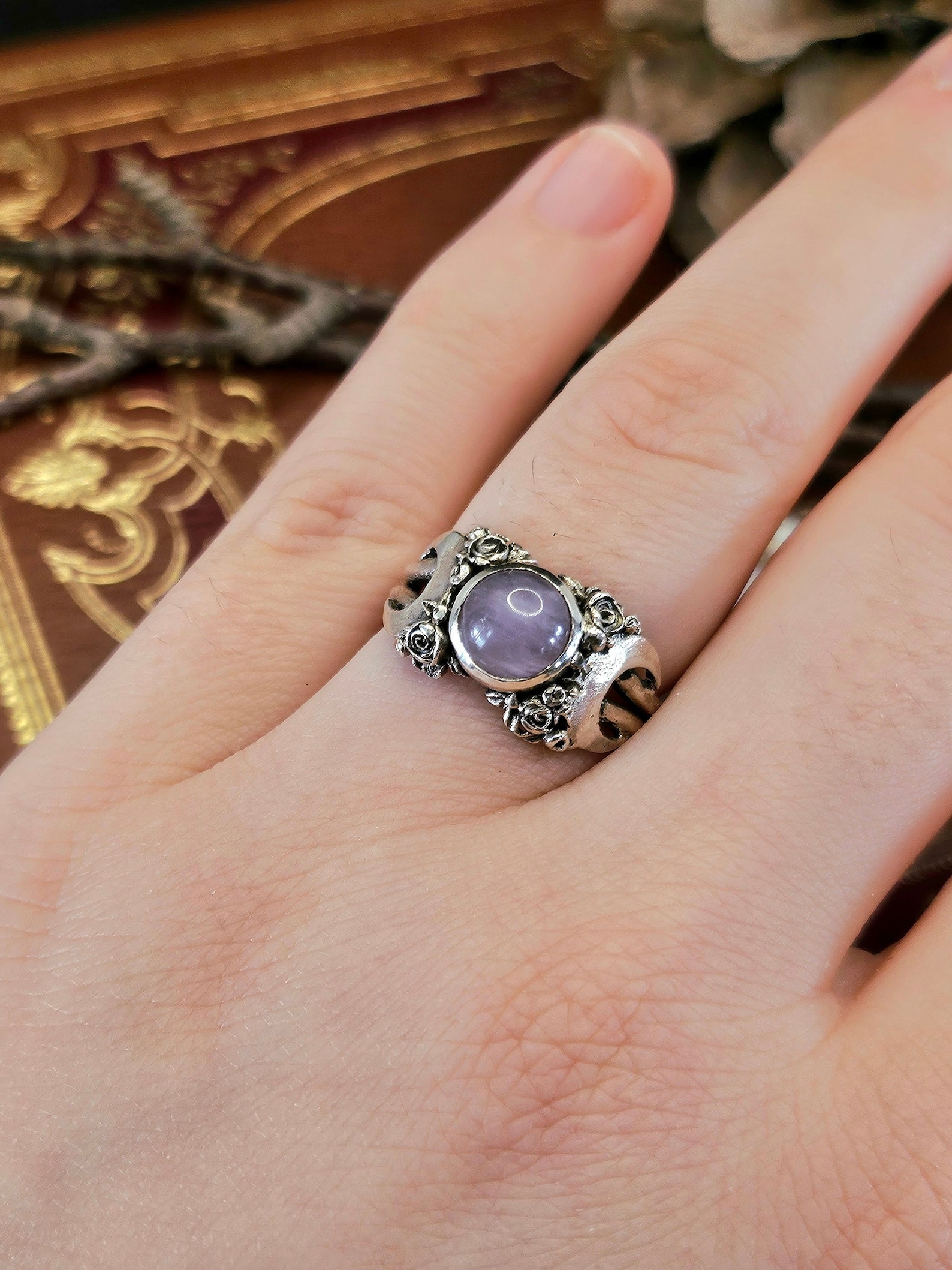 Moon Phases Amethyst Ring With Sculpted Sterling Silver Roses, Natural ...