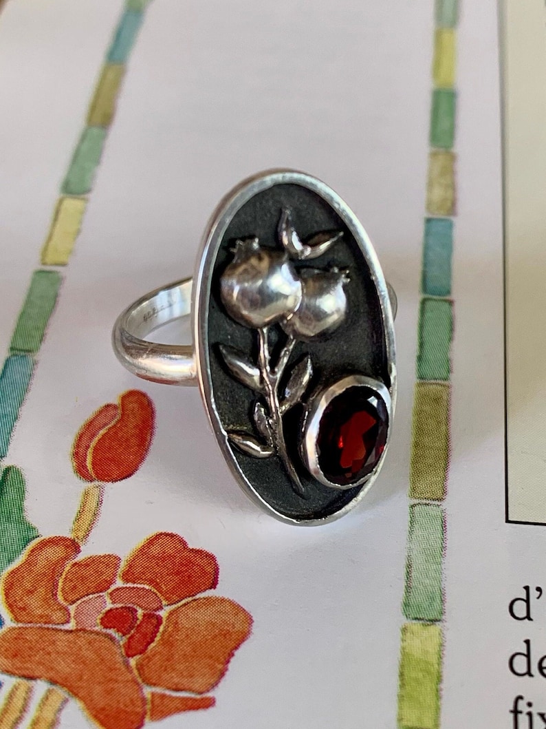 Hand-carved Pomegranate Ring With Garnet, Art Nouveau, Botanical ...