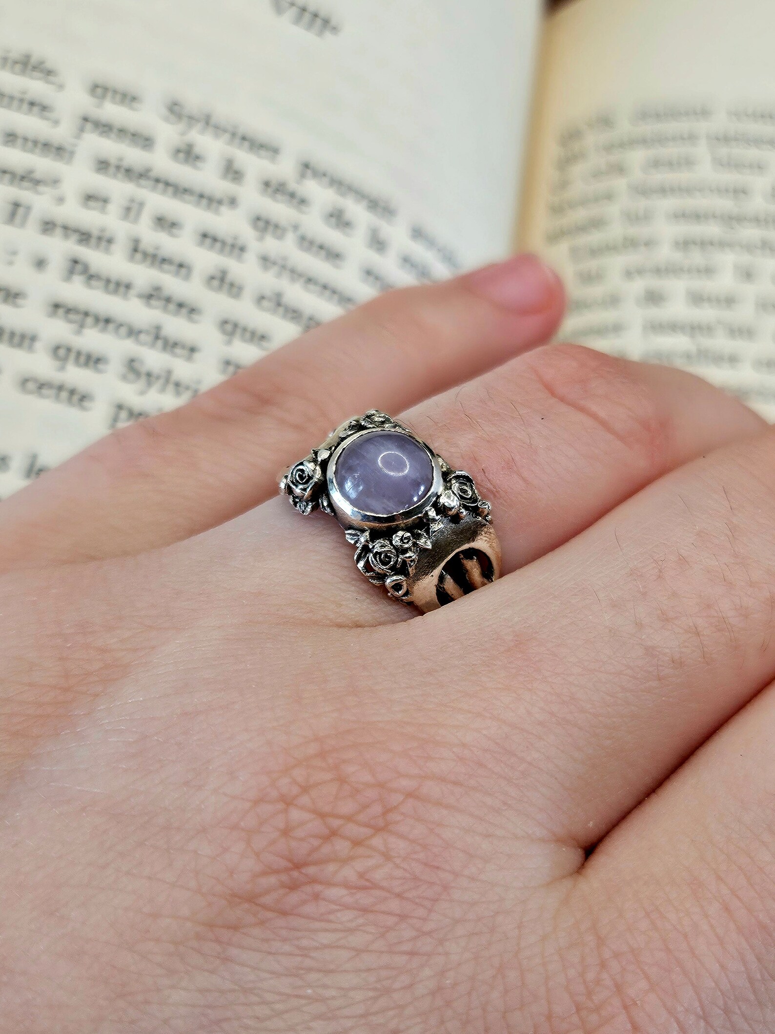 Moon Phases Amethyst Ring With Sculpted Sterling Silver Roses, Natural ...