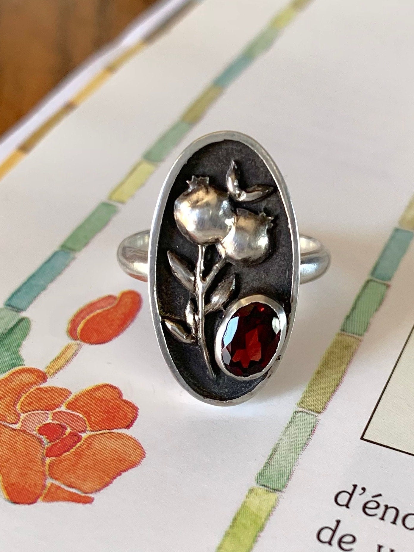 Hand-carved Pomegranate Ring With Garnet, Art Nouveau, Botanical ...