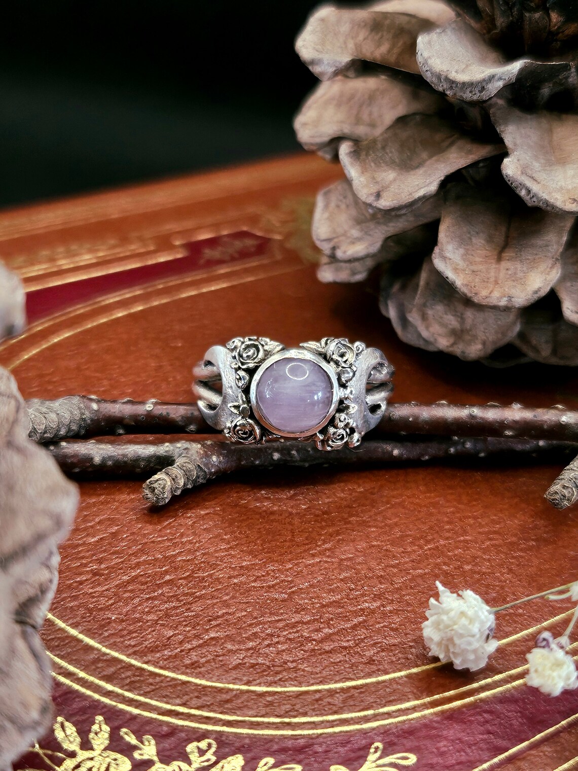 Moon Phases Amethyst Ring With Sculpted Sterling Silver Roses, Natural ...