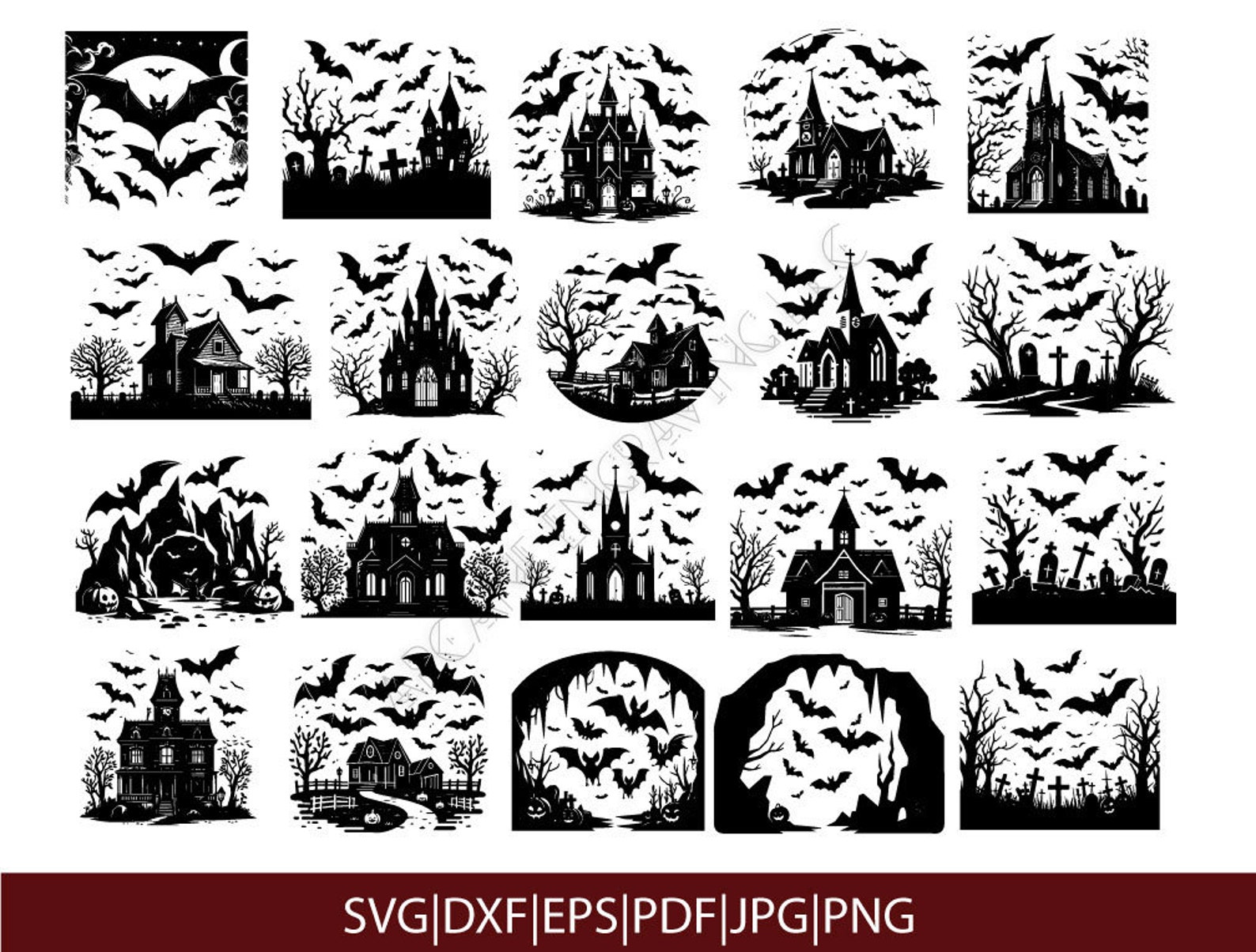 Halloween Bats in Caves SVG Bundle, Spooky Building Dxf, Creepy Caves ...