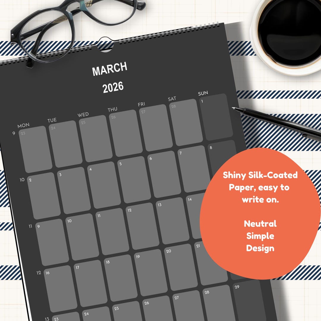 Minimalist Simple Basic Large Format Dark Wall Calendar 2026 | Black ...