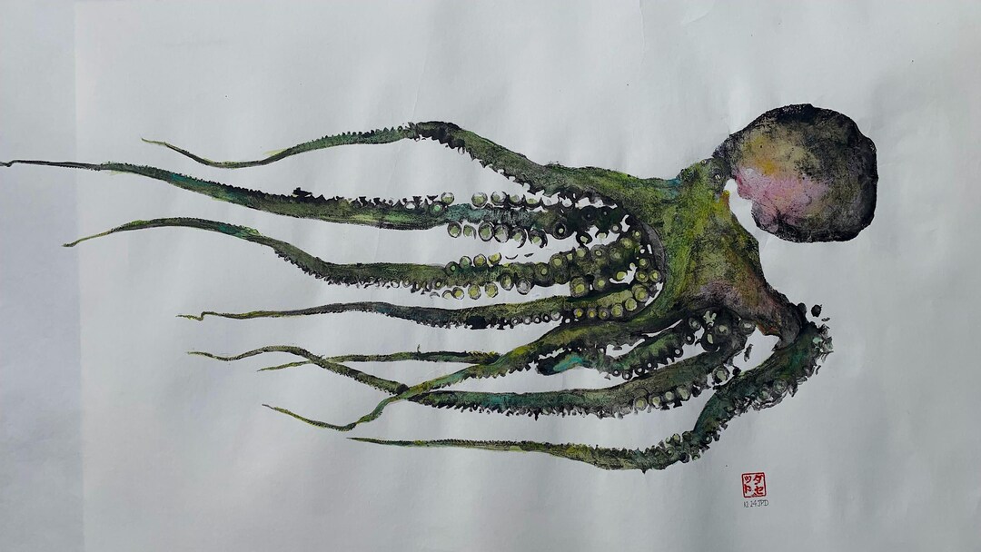 RARE COLOR KRAKEN N37 This Gyotaku is Not a Impression or a Digital ...