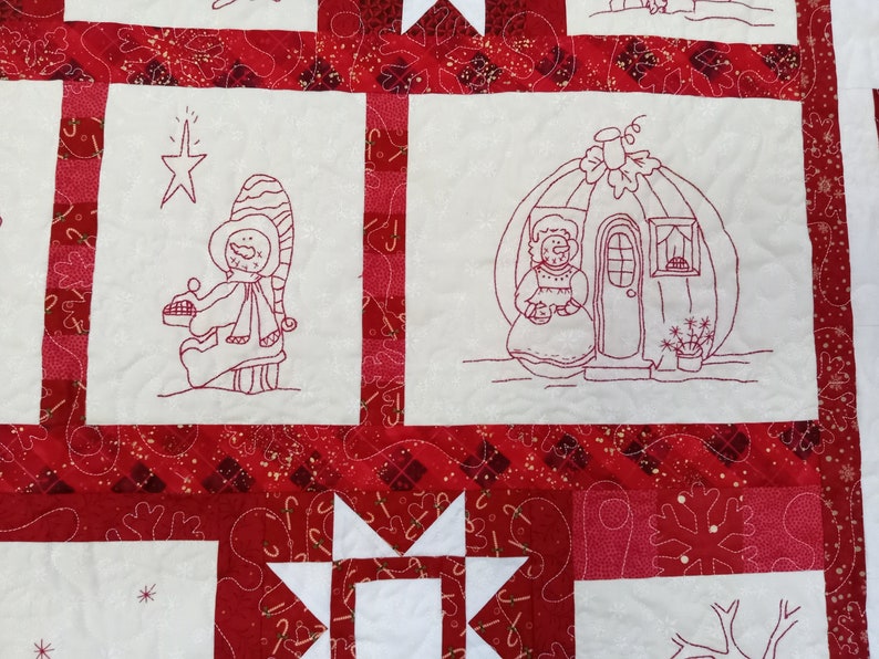 Redwork Snowman Quilt - Etsy