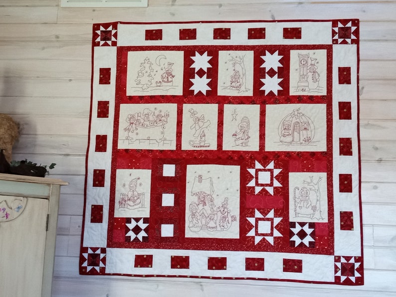 Redwork Snowman Quilt - Etsy