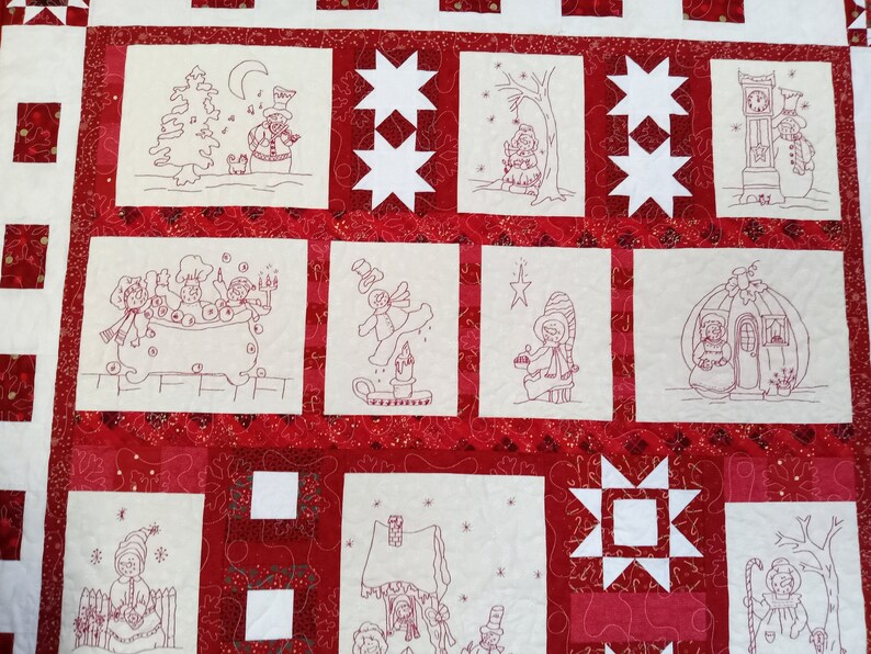 Redwork Snowman Quilt - Etsy